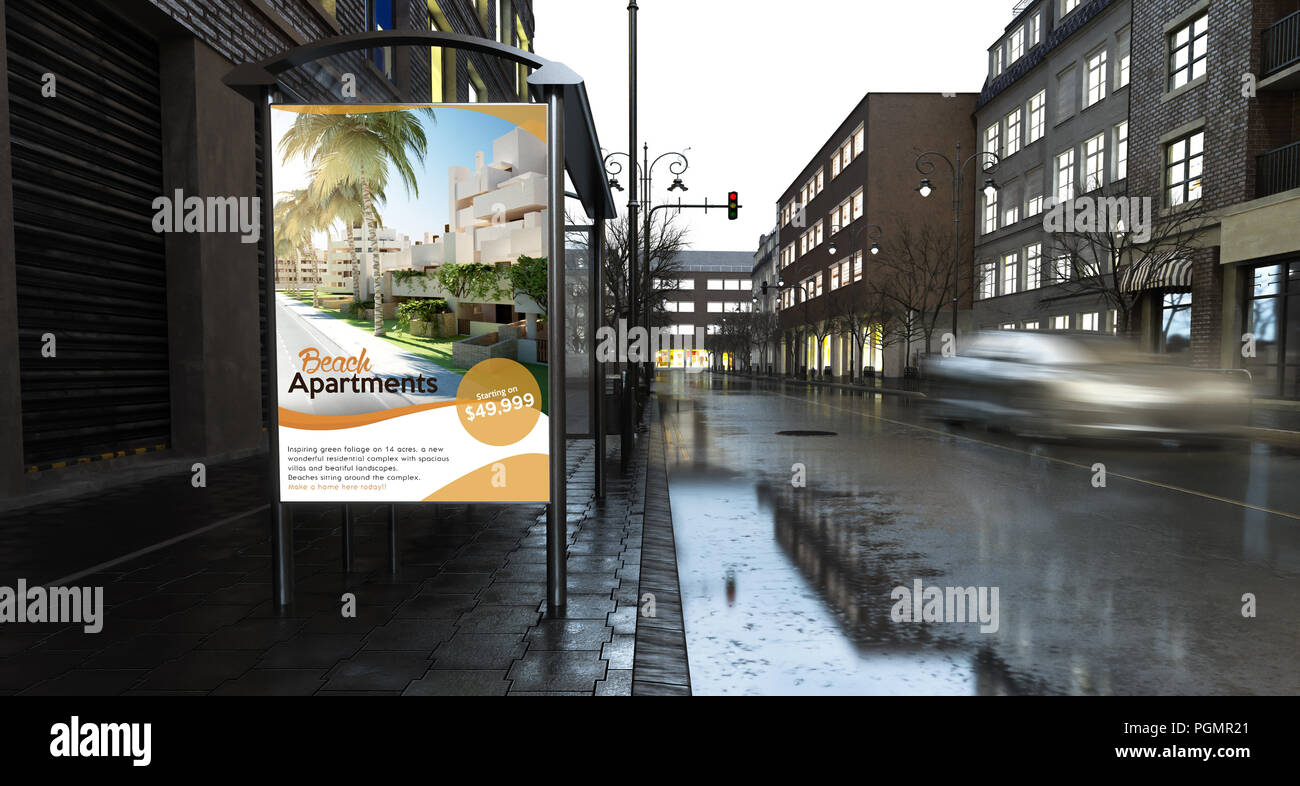 3d rendering of real estate advertising billboard on city at evening ...