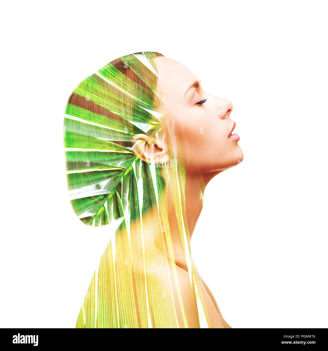 Profile beautiful woman and palm leaf Stock Photo - Alamy