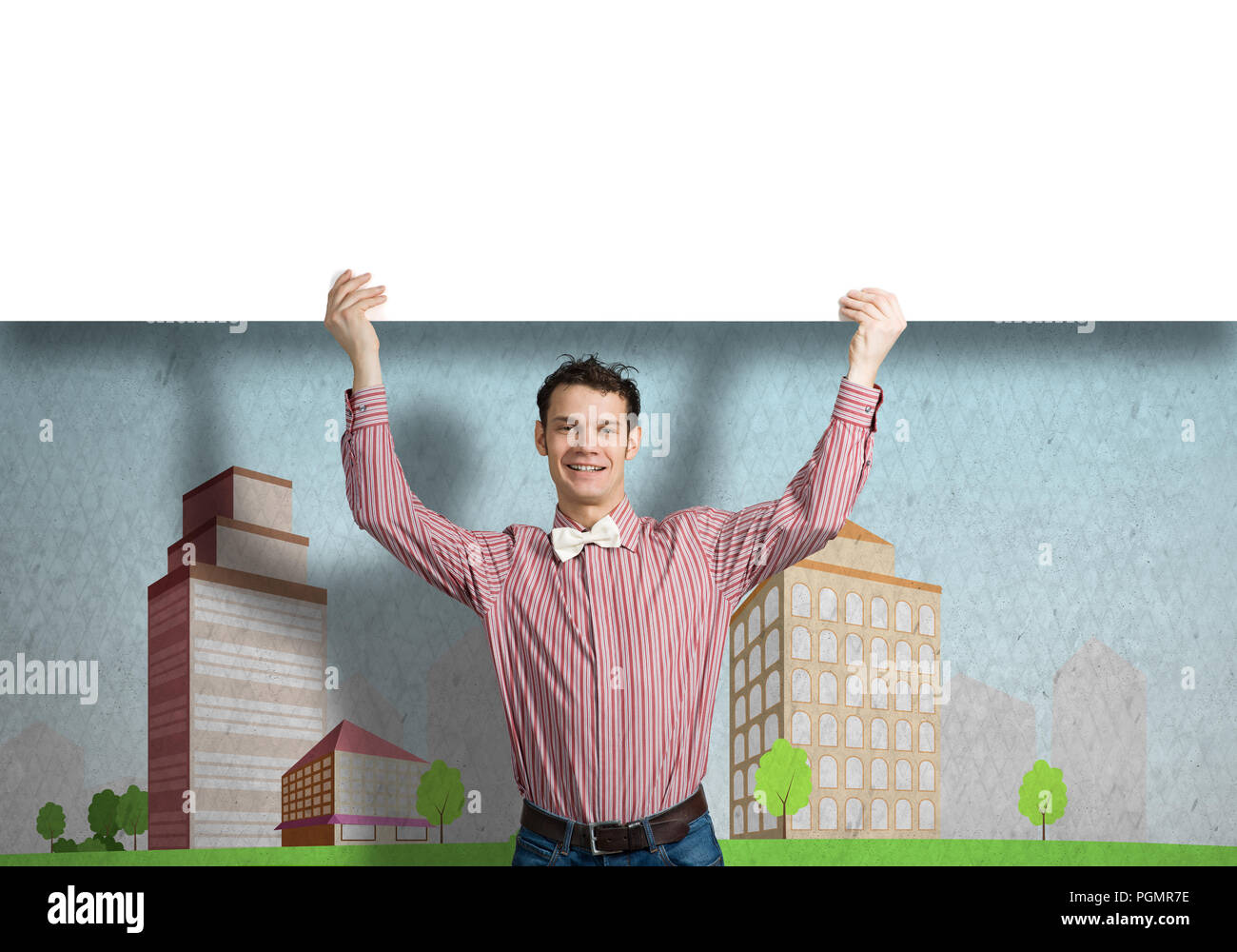 Cheerful man with banner Stock Photo - Alamy