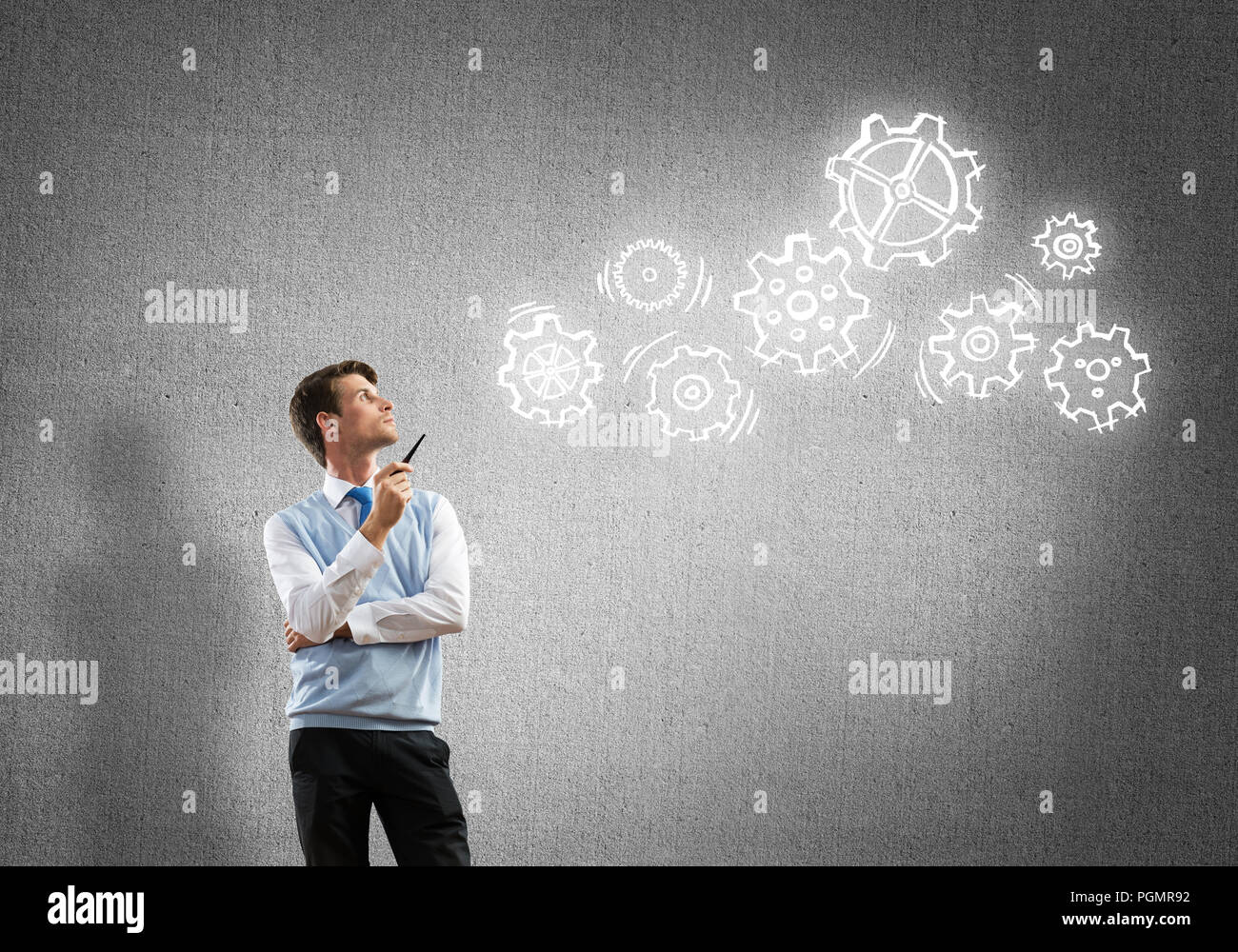 Elegant banker wearing red tie and gears as teamwork concept Stock ...