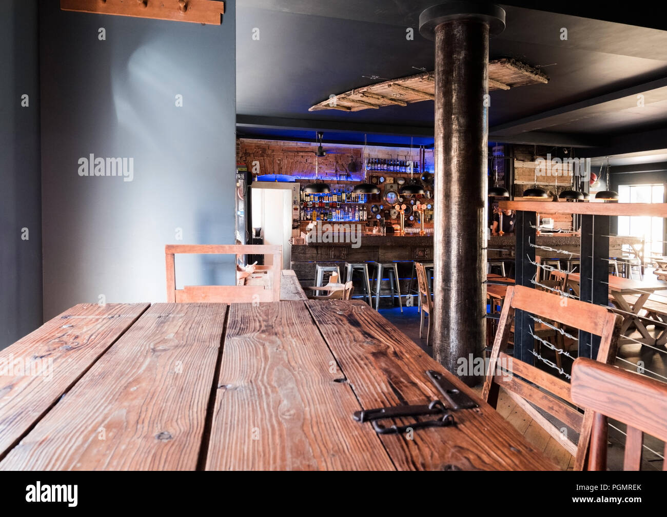 Interior of modern european beer bar pub with old vintage retro wooden ...