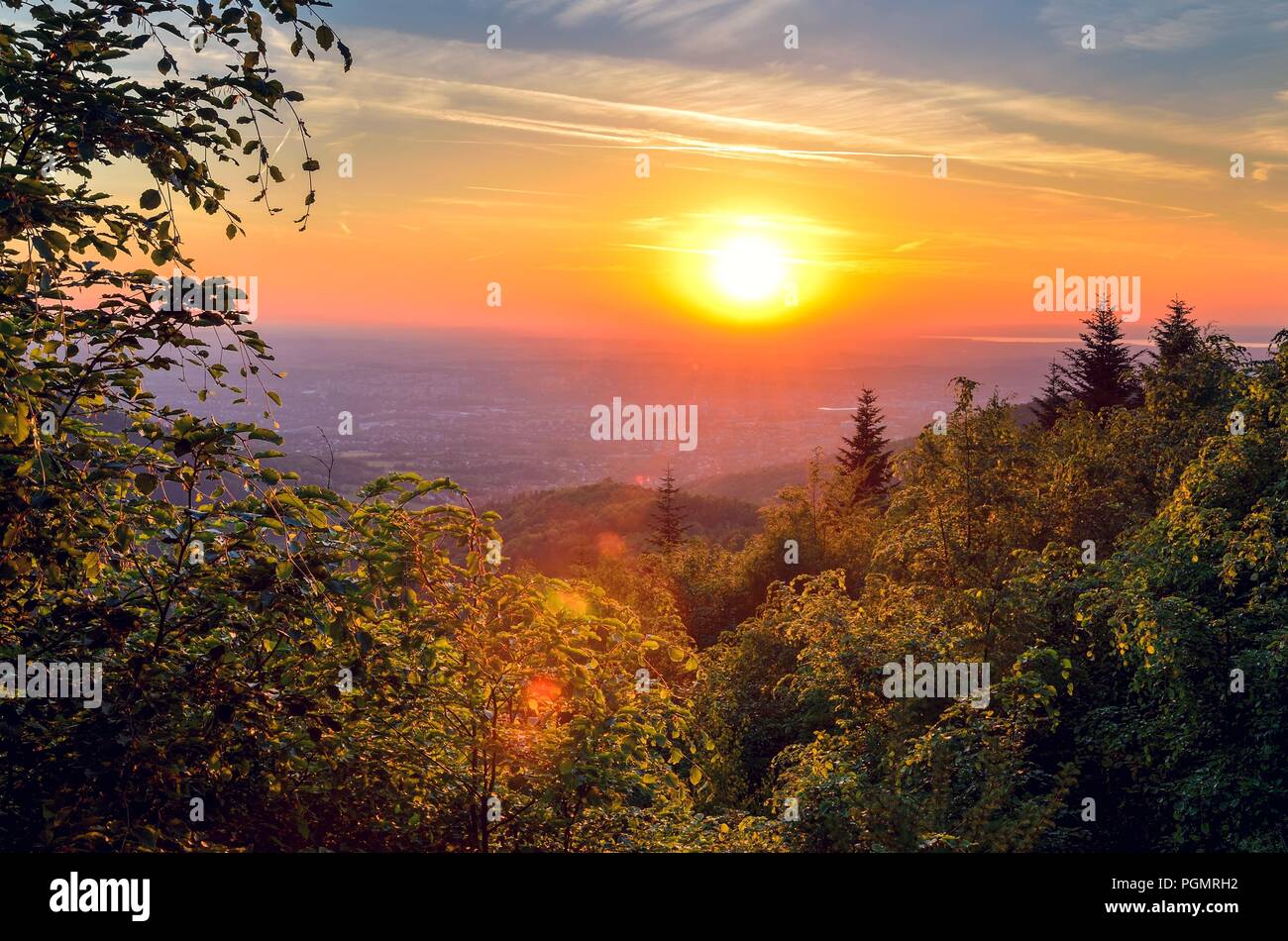 Beautiful mountain landscape. Sunset over the hills and cities Stock ...