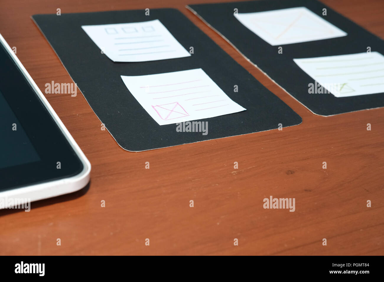 user experience workplace. UX designer desk with tablet layout. UI ...