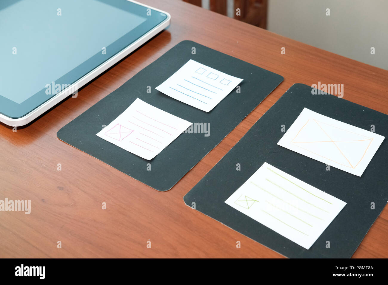 user experience workplace. UX designer desk with tablet layout. UI ...