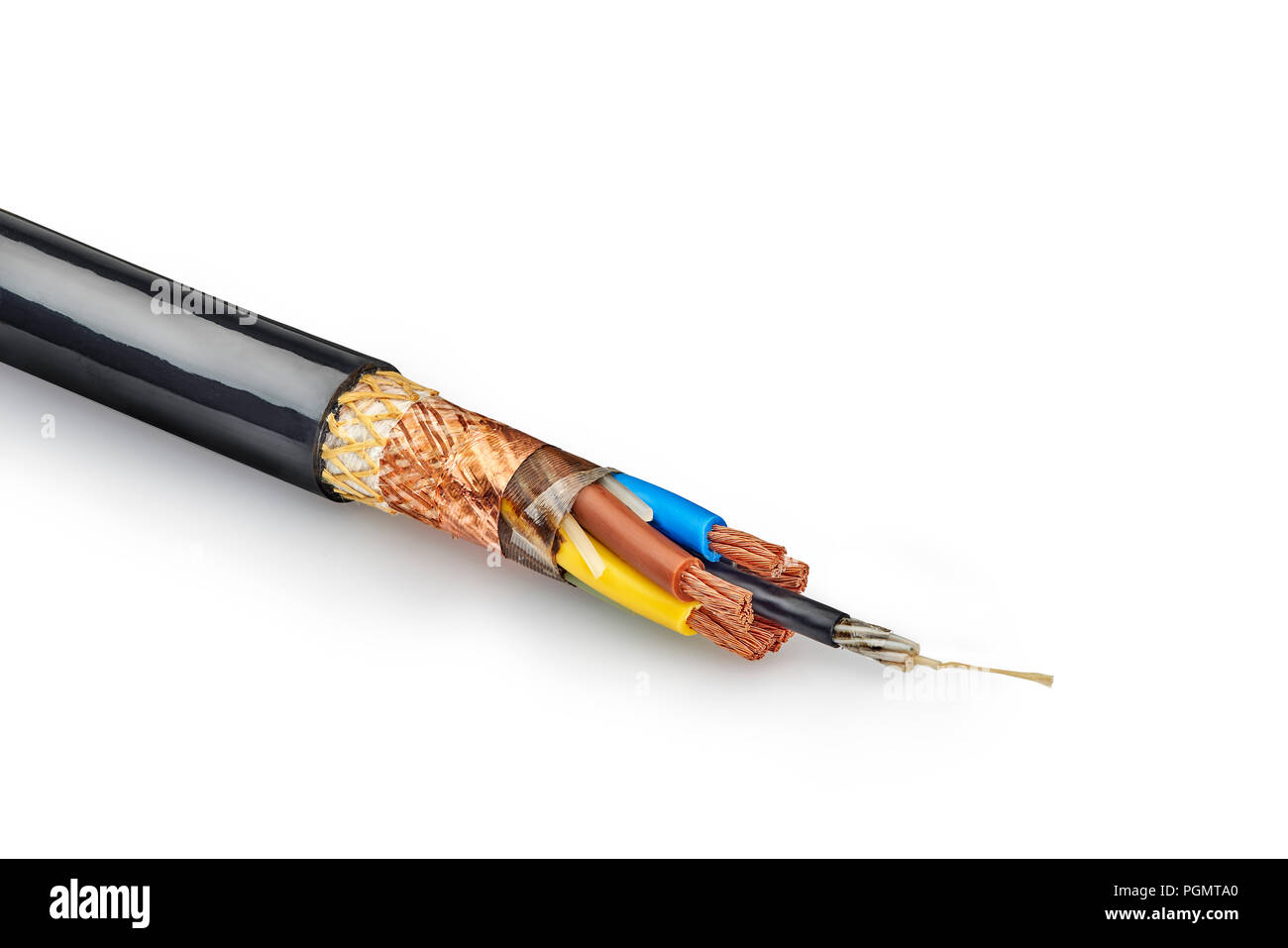 striped cross section armored cable isolated on white Stock Photo - Alamy