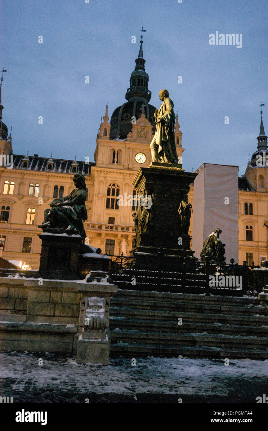 In the main square of Hauptplatz is the city hall and the statue of ...