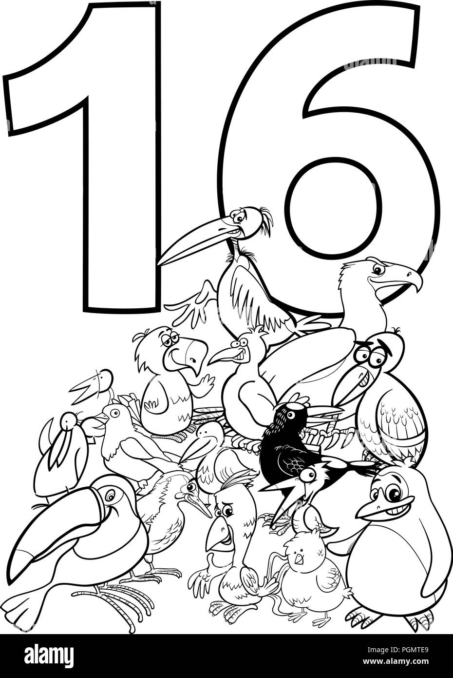 Black and White Cartoon Illustration of Number Sixteen and Bird ...