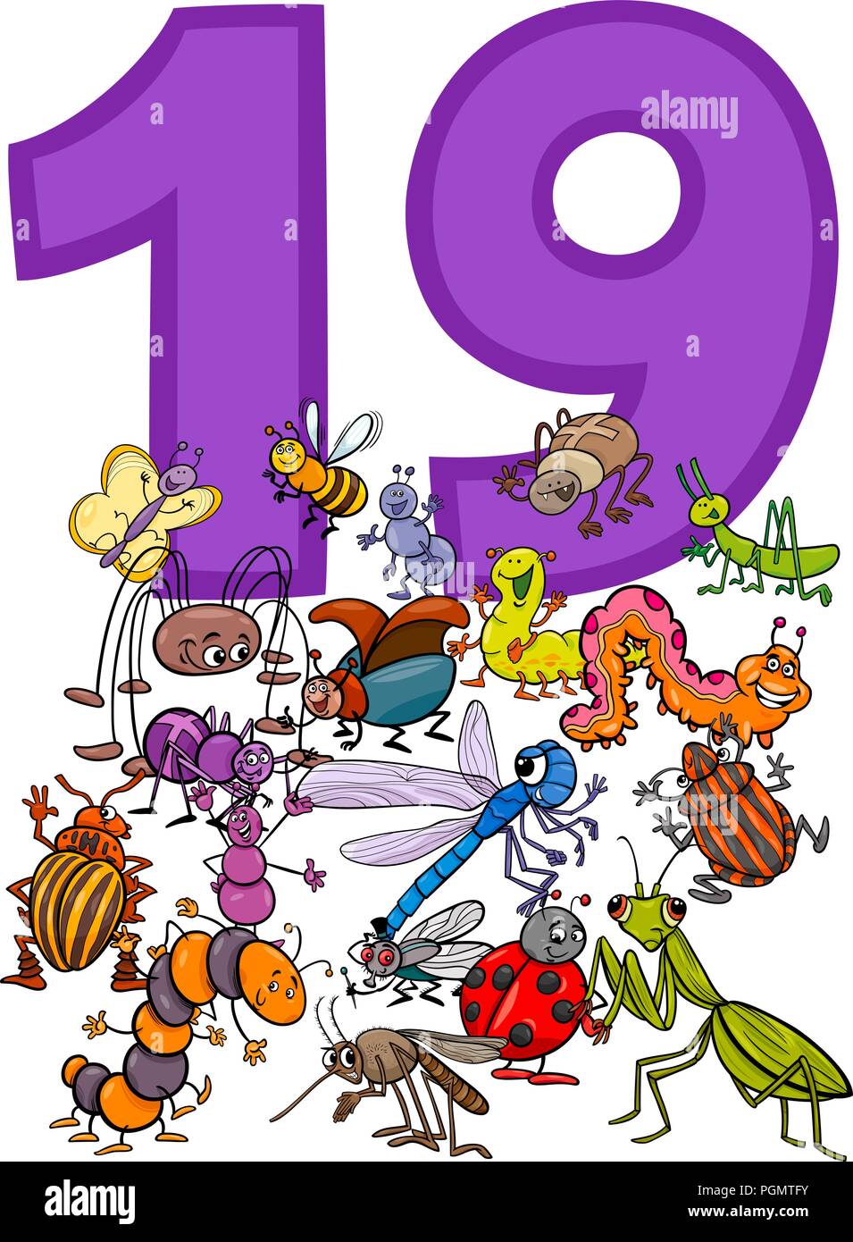 Cartoon Illustration of Number Nineteen and Insect Characters Group ...