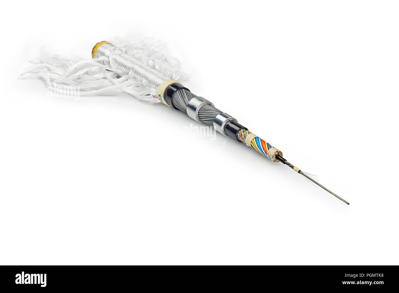 striped cross section armored cable isolated on white Stock Photo - Alamy