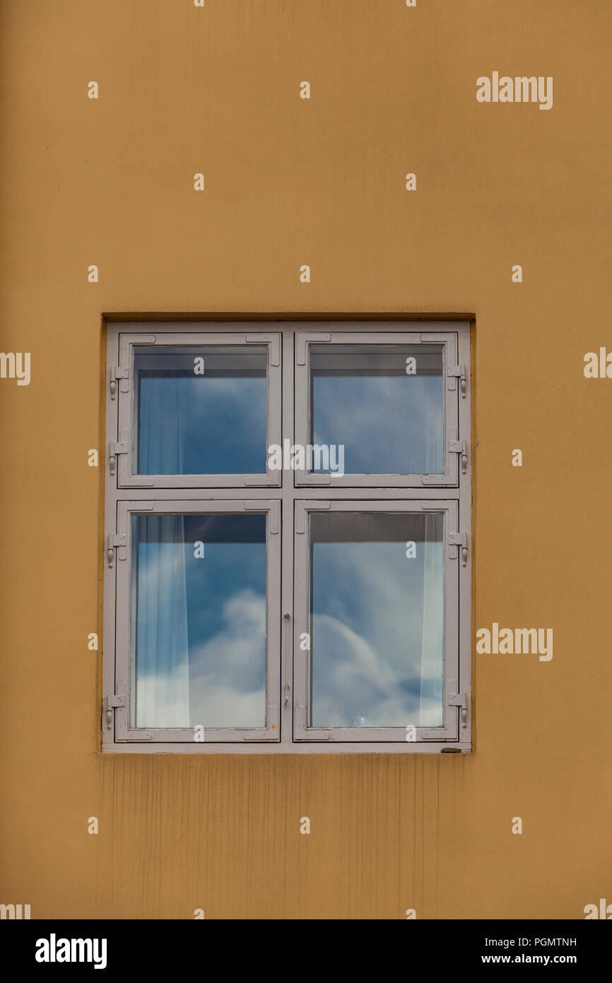 Window on the colorful facade from Nyhavn harbour, Copenhagen, Denmark ...