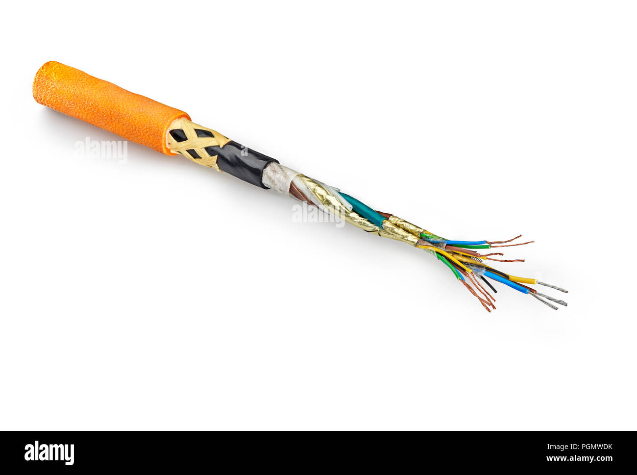 striped cross section armored cable isolated on white Stock Photo - Alamy