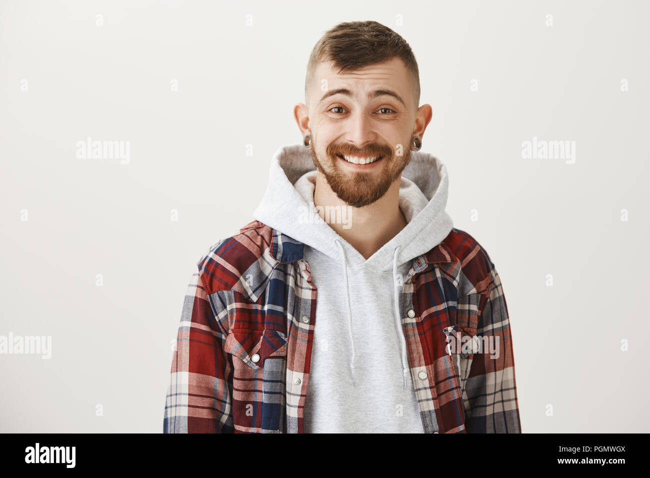 Guy is touched and pleased with cute girlfriend being shy in front of ...