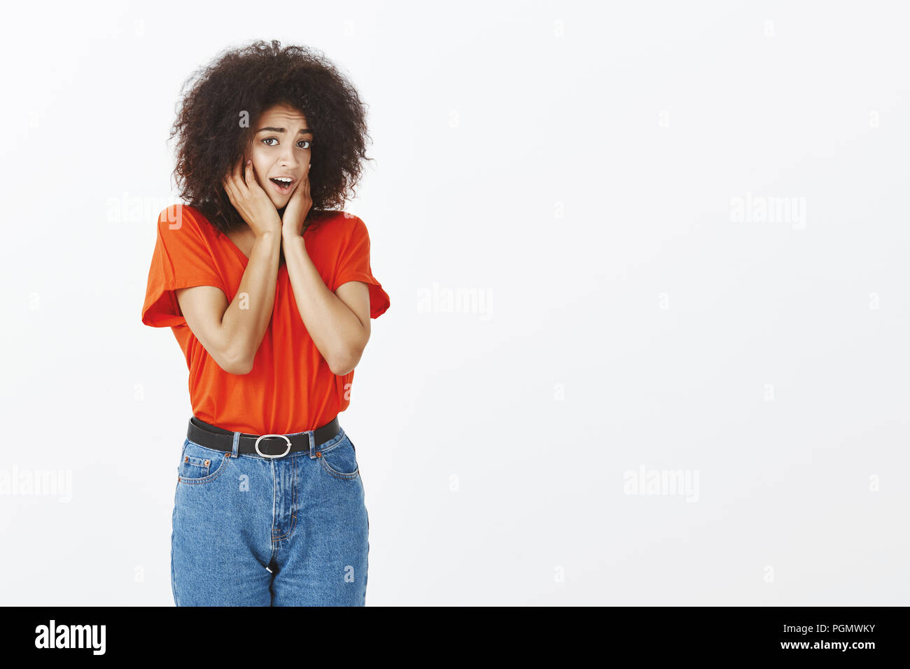 Indoor shot of timid good-looking african american woman with afro ...