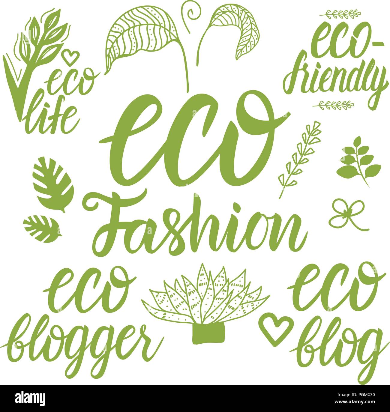 Set Vector Eco Fashion style blogger green inscription lettering ...