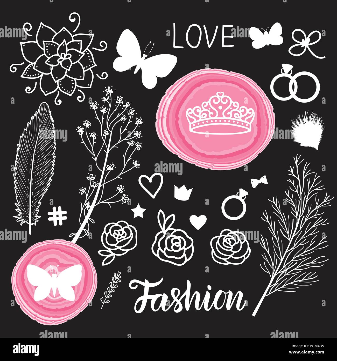 Vector Hand drawn set. Wedding day design card. Illustration of pink ...