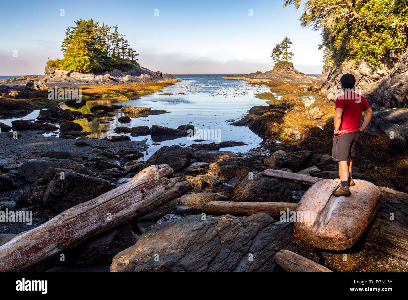 Hiker at Botanical Beach Provincial Park and Botany Bay - Juan de Fuca ...