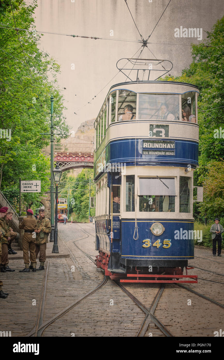 Vintage street scene (aged effect) showing preserved double-deck Leeds ...