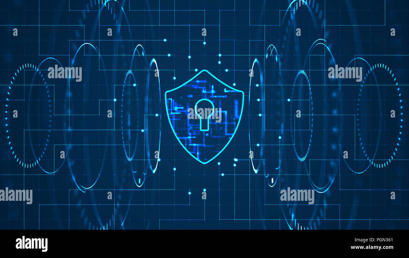 Cyber security concept: Shield With Keyhole icon on digital data background. . Blue abstract hi ...