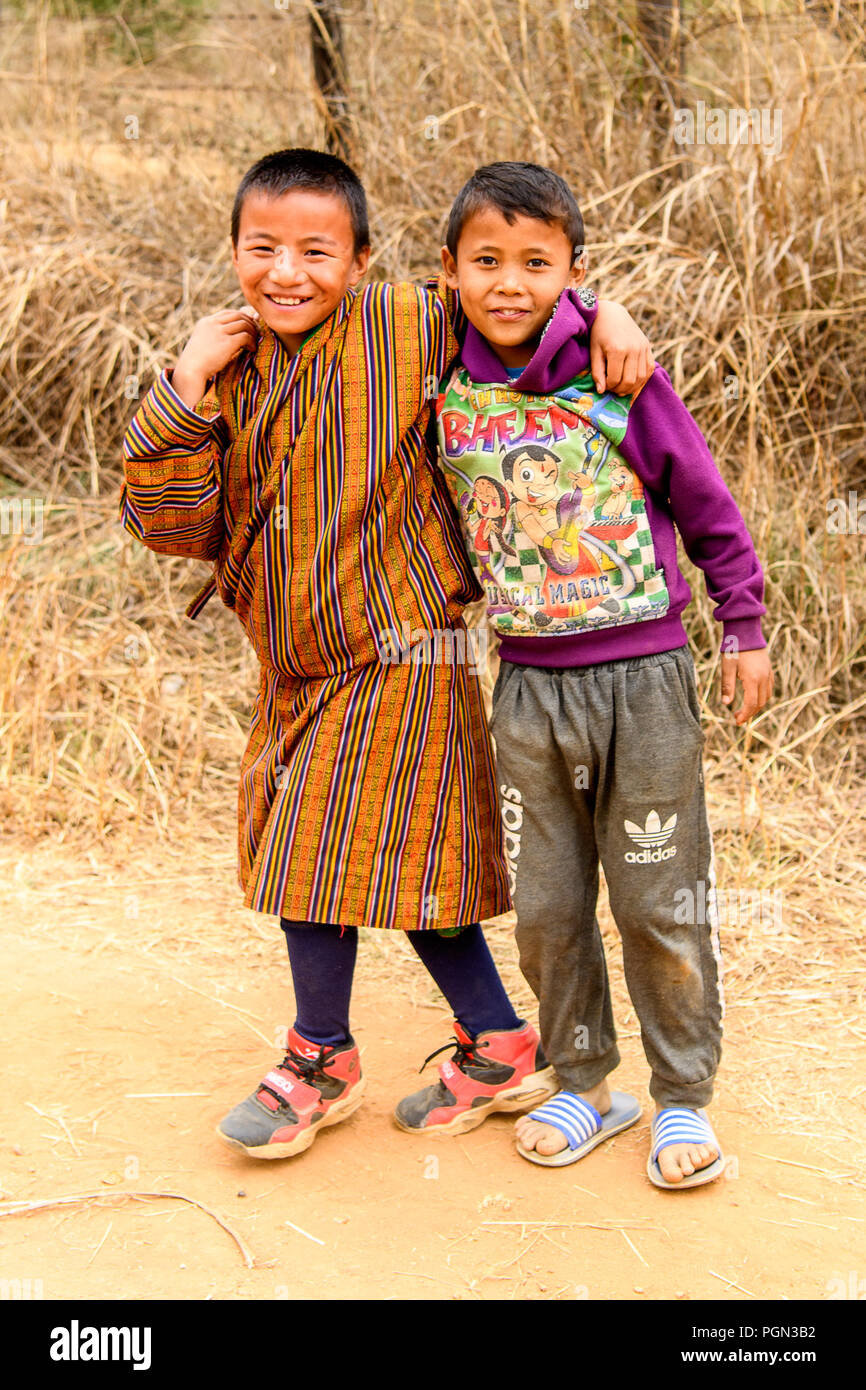 TRIMPHU, BHUTAN - MAR 8, 2017: Unidentified Ngalops boys in traditional ...