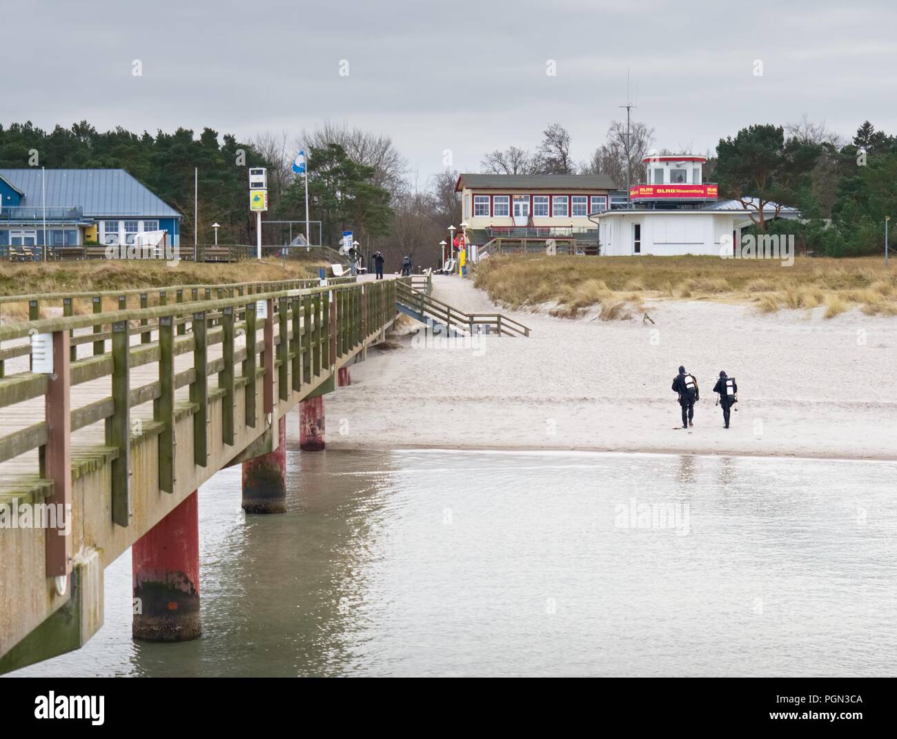 Prerow Germany - January 25 2018: Two winter scuba divers walking with ...