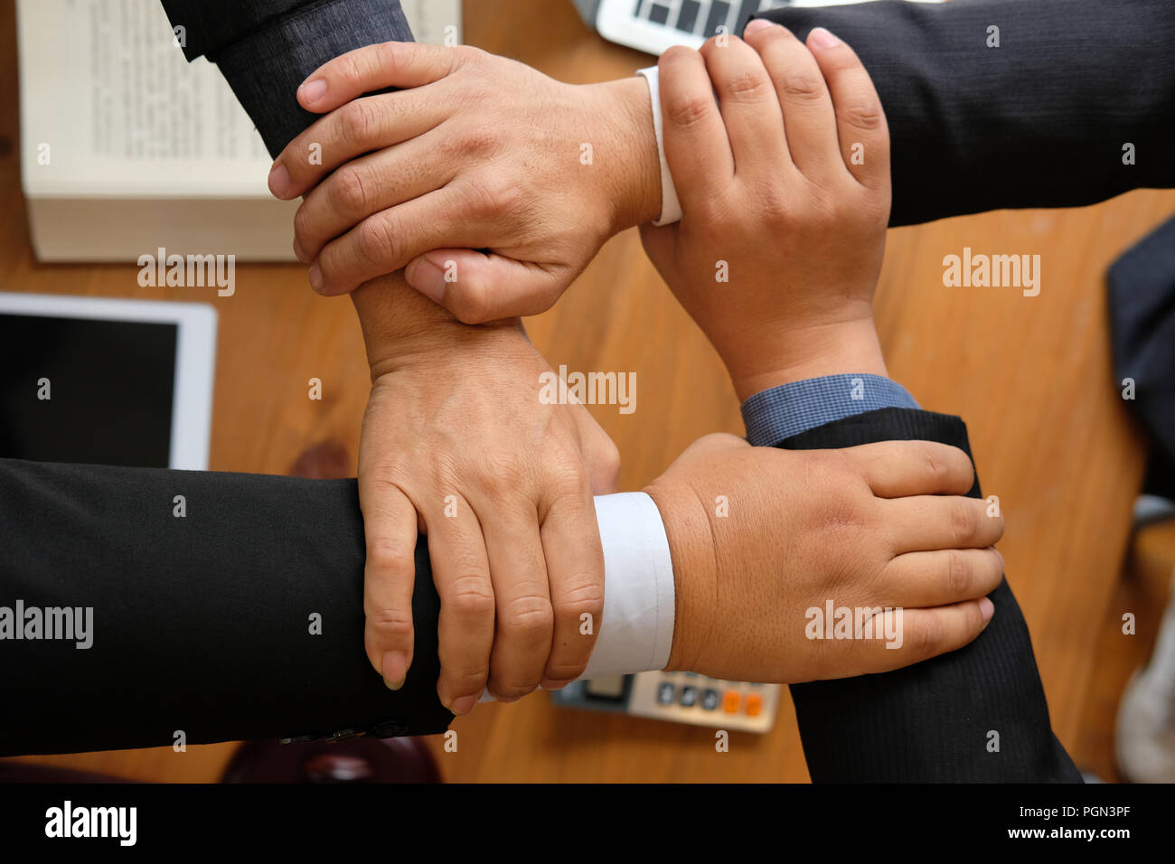 businessman joining united hand, business team holding hands together ...