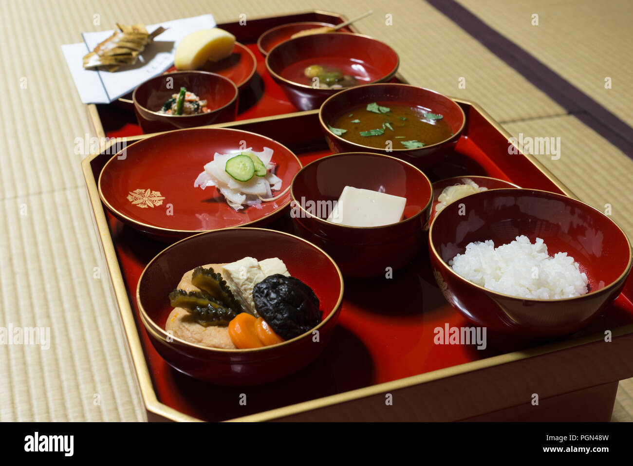 Photo shows the shojin-ryori (devotion cuisine) served inside Eiheiji ...