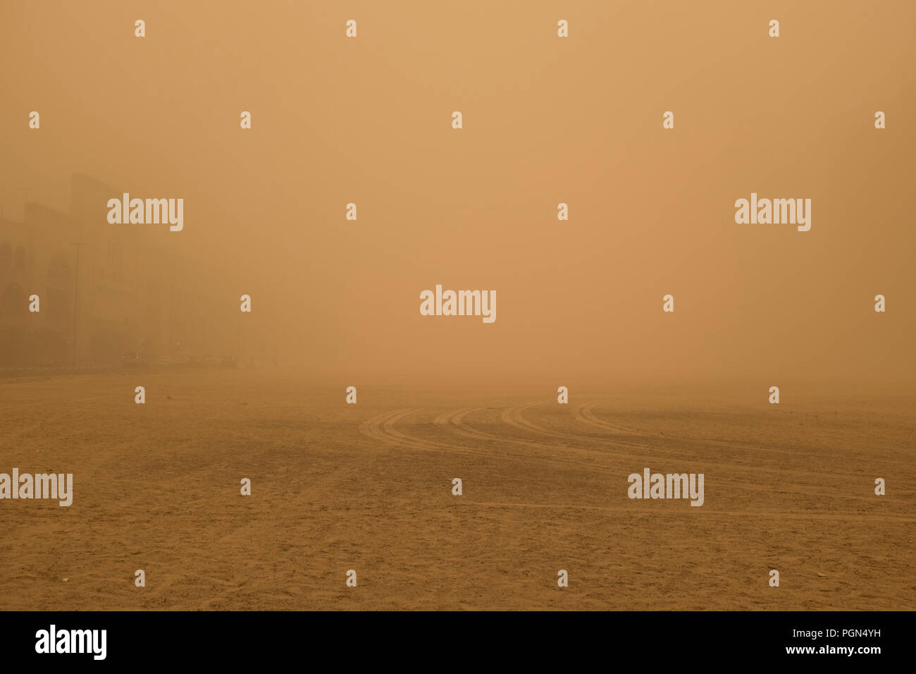 Sandstorm in Dubai, United Arab Emirates, with the entrance to the Mall ...