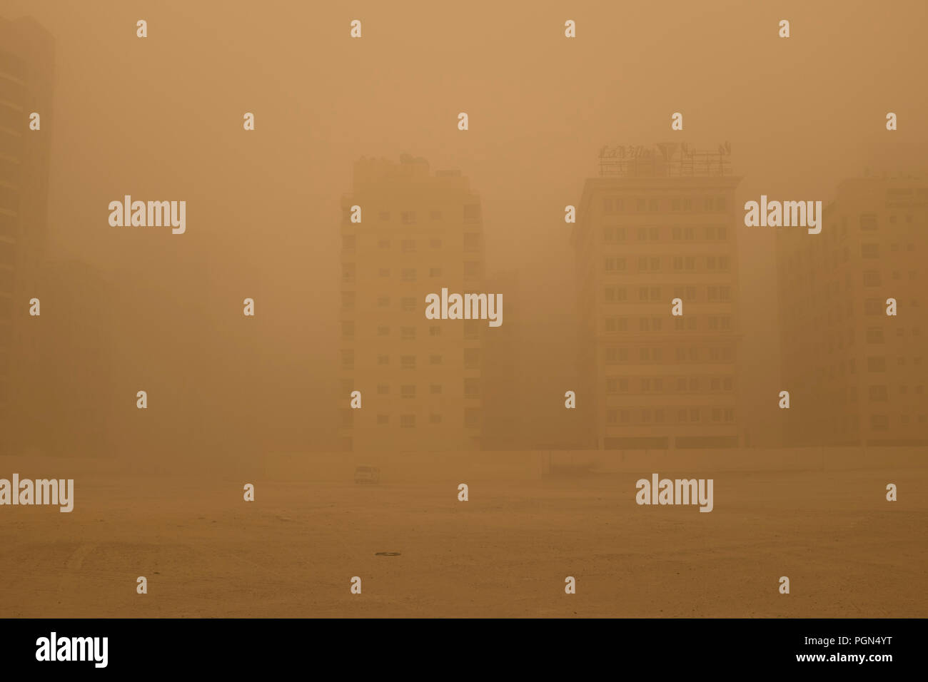 Sandstorm in Dubai, United Arab Emirates, with hotel buildings in the ...