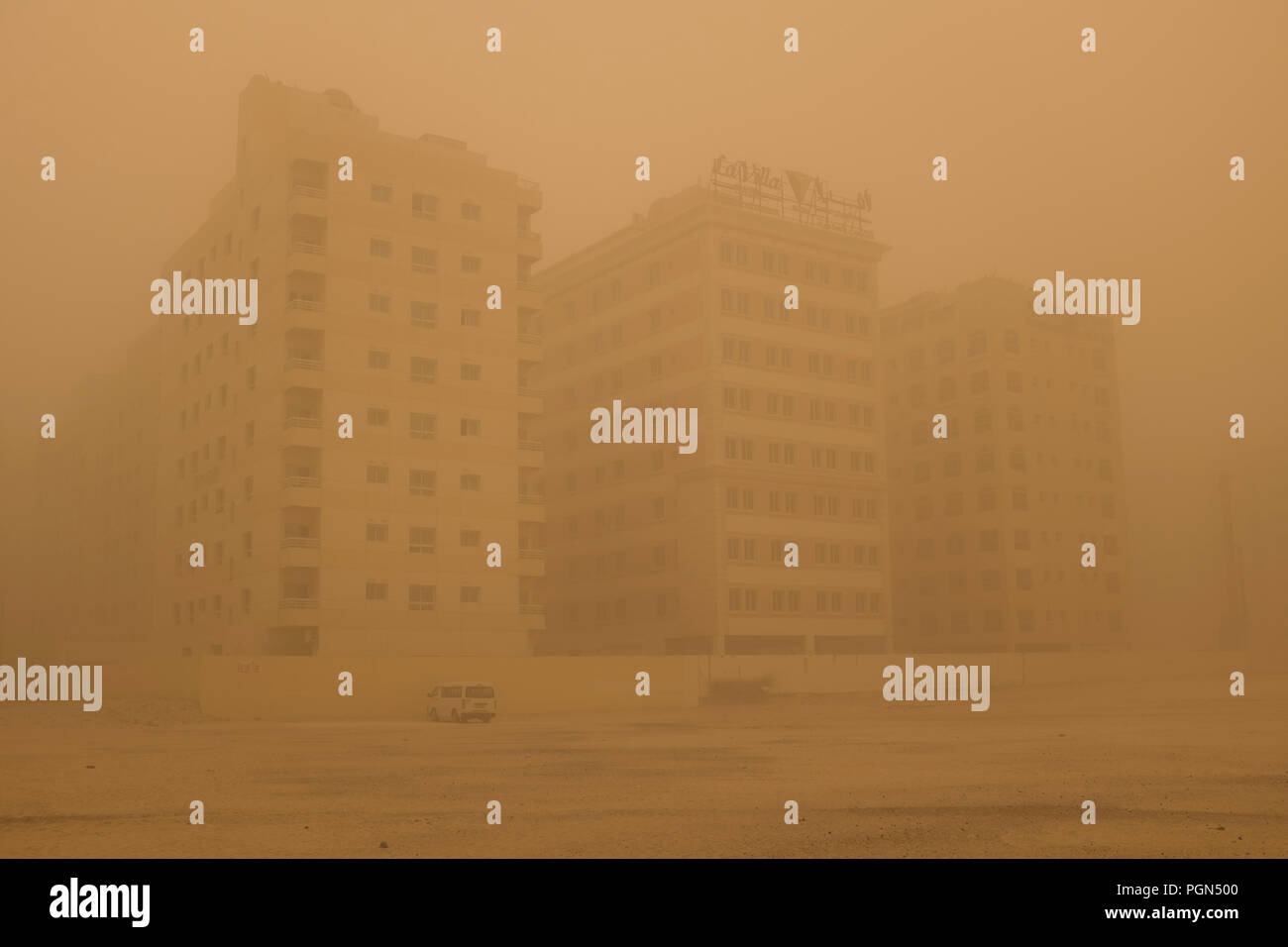 Sandstorm in Dubai, United Arab Emirates, with hotel buildings in the ...