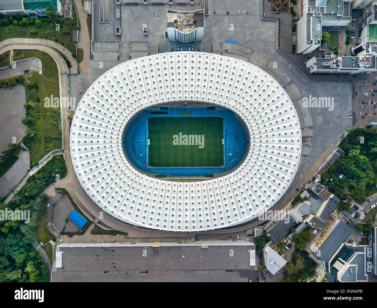 KYIV, UKRAINE - July 19, 2018. Aerial viev from drone to the stadium ...