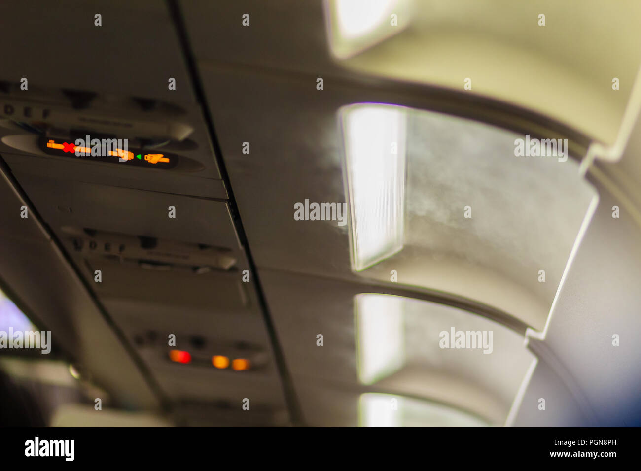 No Smoking and Fasten Seat belt Sign Inside an Airplane. Fasten seat ...