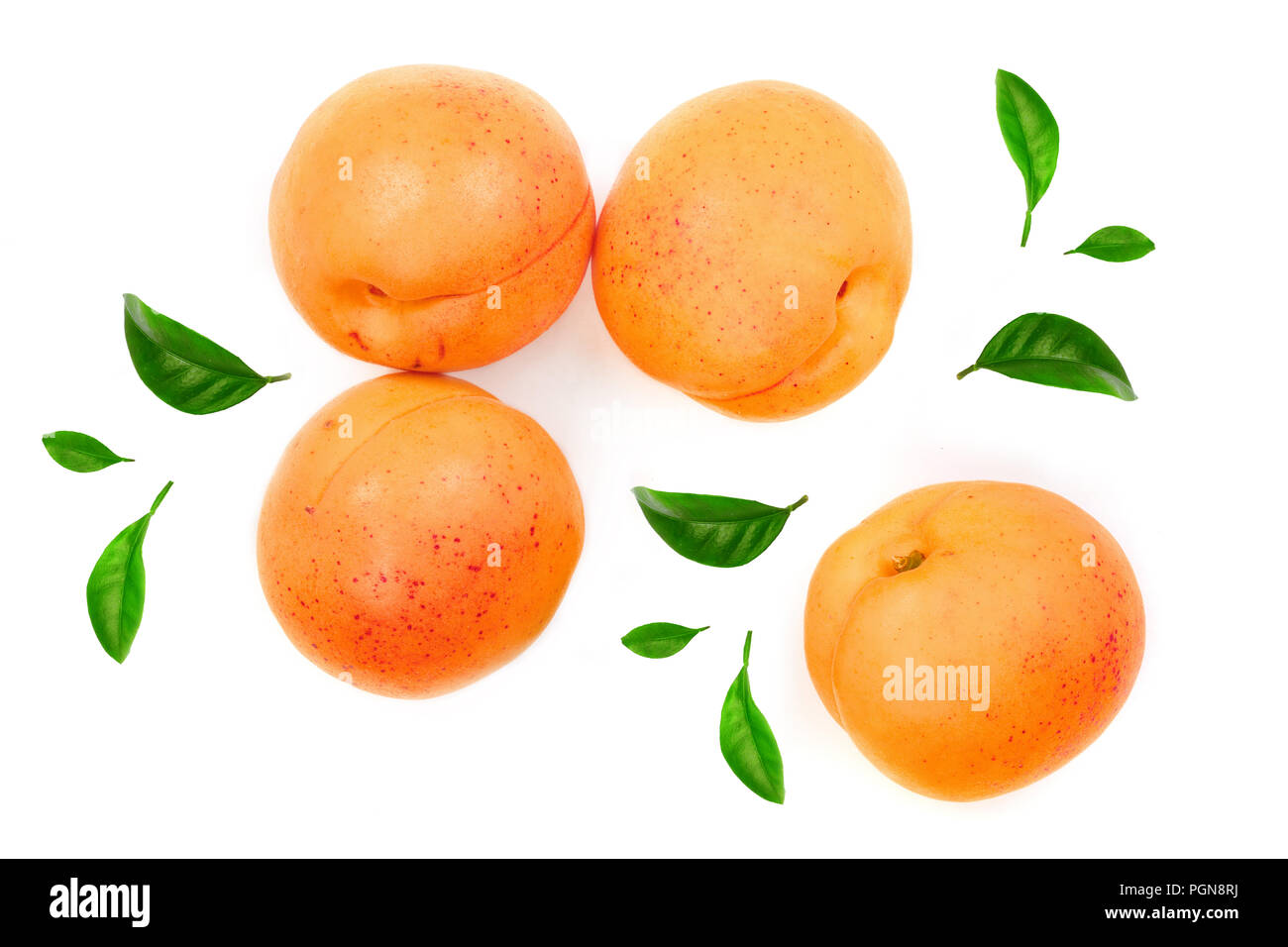 Apricot fruits with leaves isolated on white background. Top view. Flat ...