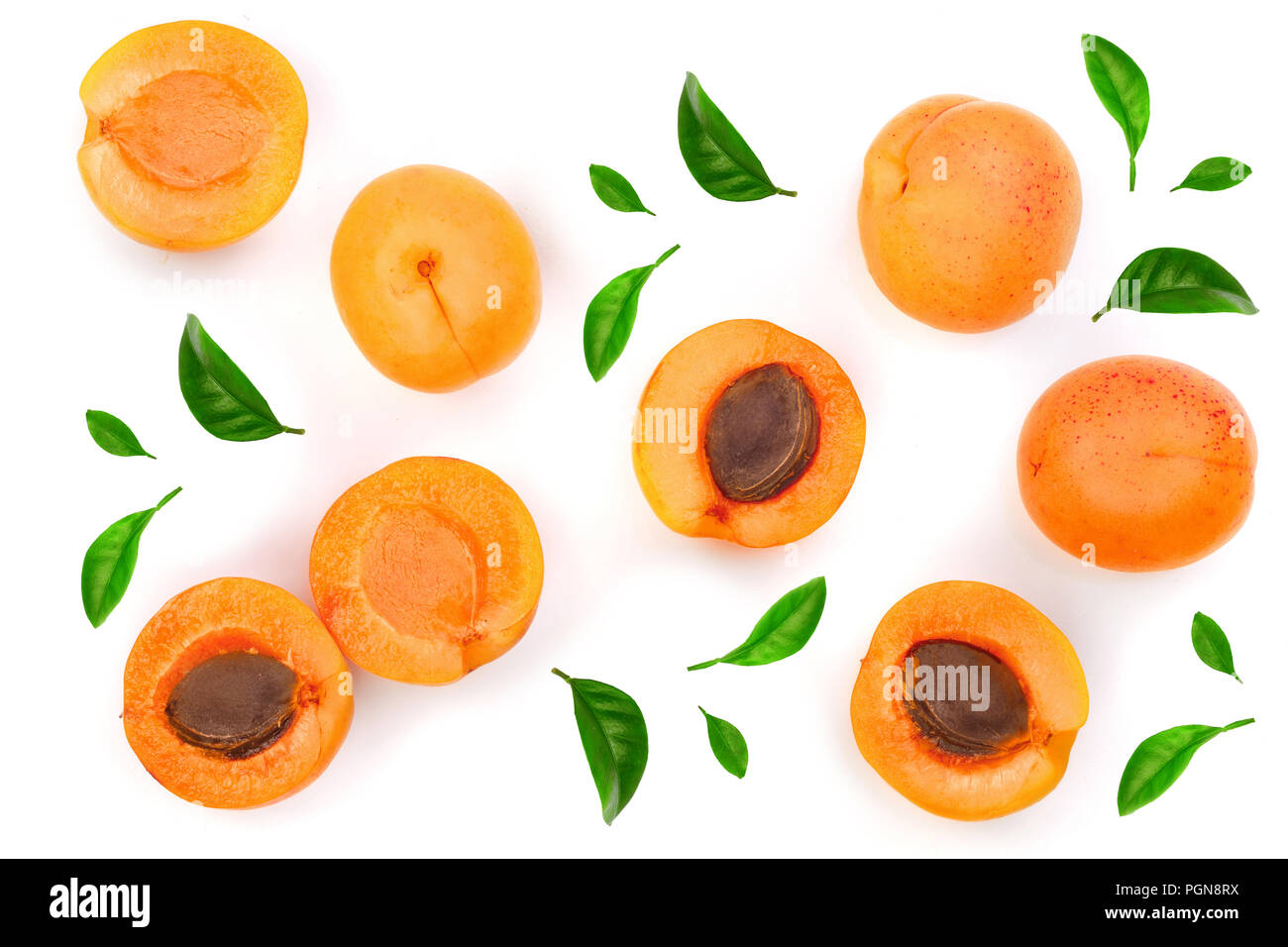 Apricot fruits isolated on white background. Top view. Flat lay pattern ...