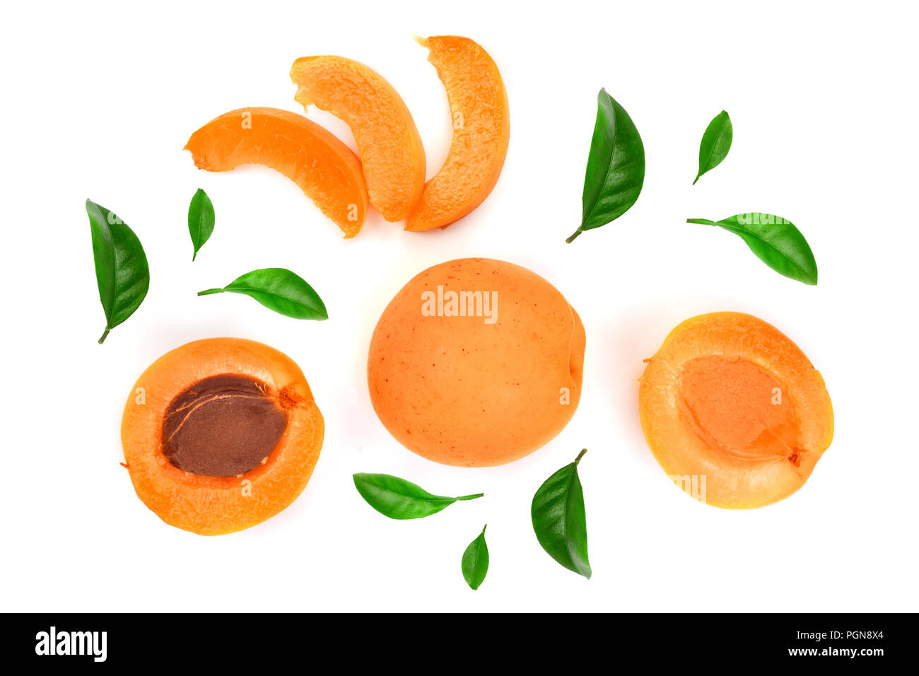 Apricot fruits with leaves isolated on white background. Top view. Flat ...