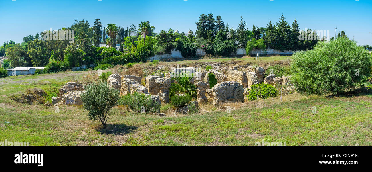 Panorama with green archaeological park, containing ancient Punic ruins ...