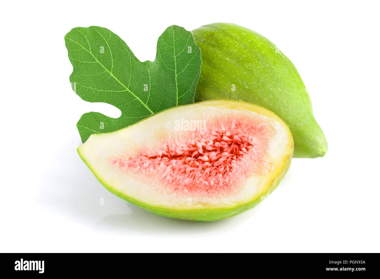 Ripe green fig fruit and half with leaf isolated on white background ...