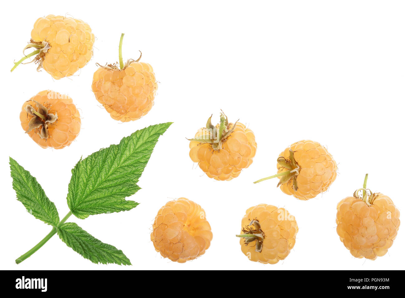 Yellow raspberries with leaf isolated on white background with copy ...