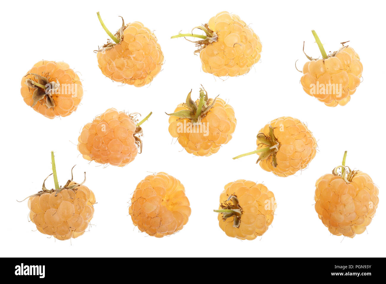 Yellow raspberries isolated on white background. Top view. Flat lay ...