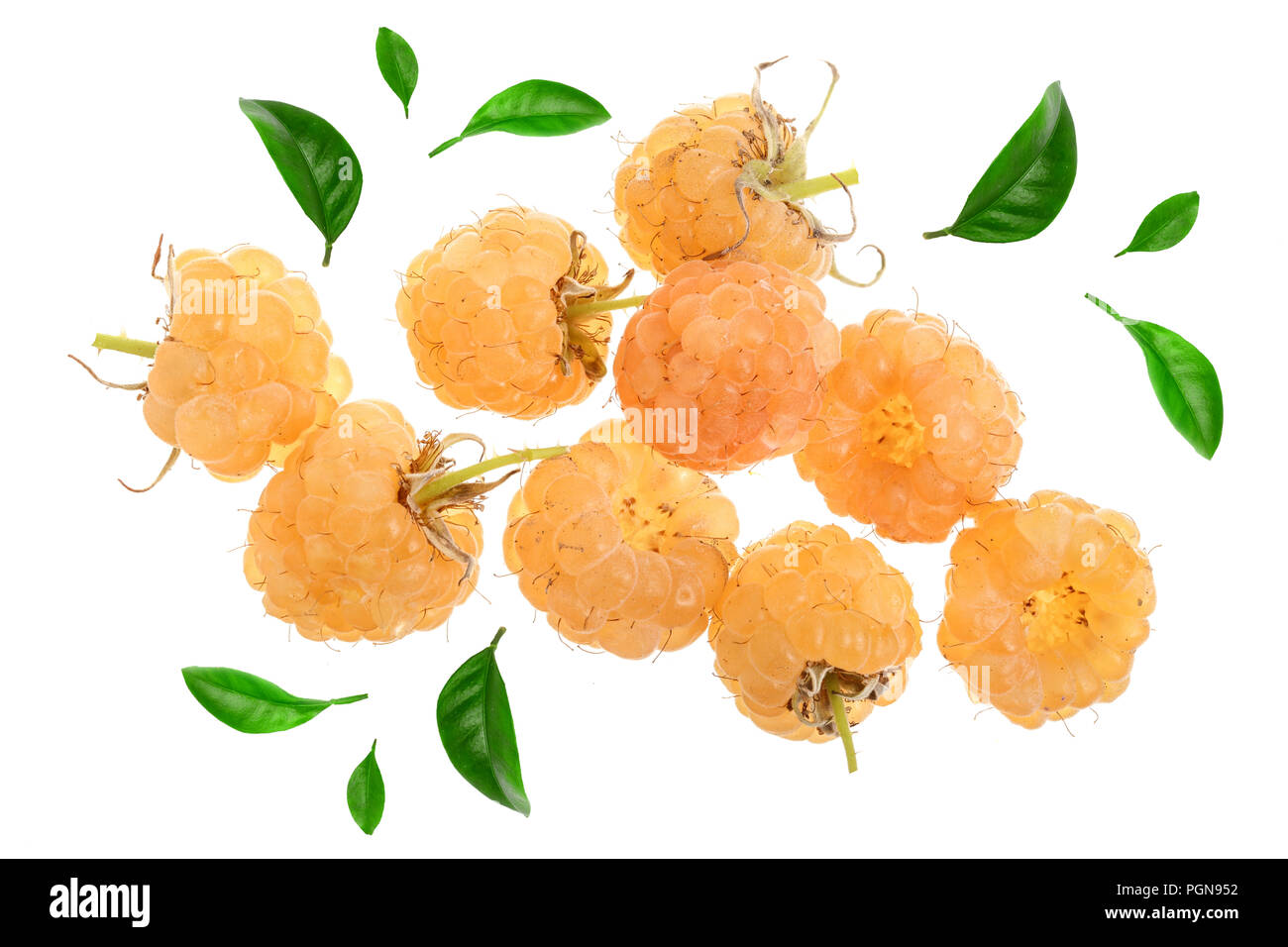 Yellow raspberries with leaf isolated on white background. Top view ...