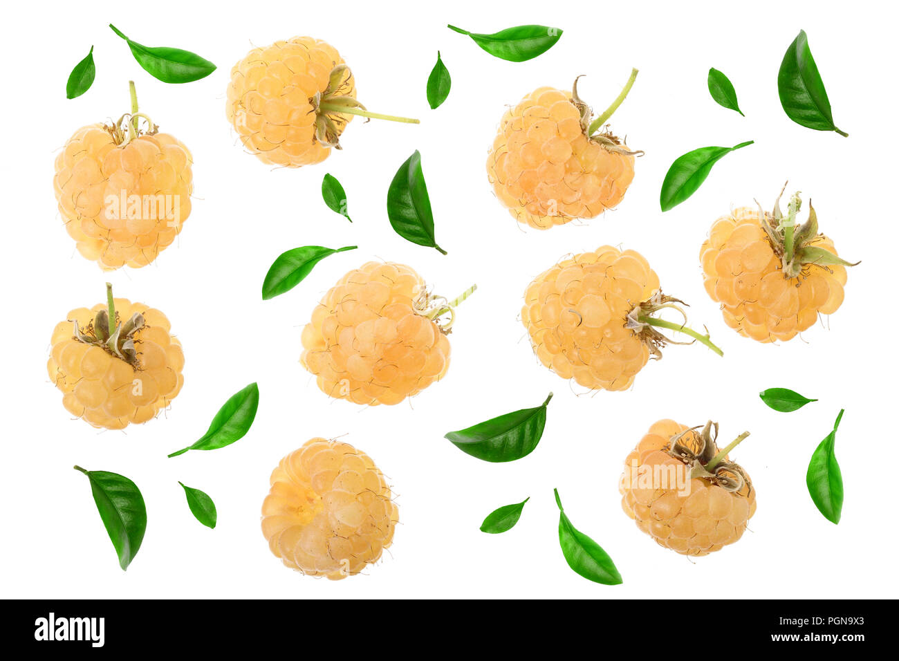 Yellow raspberries with leaf isolated on white background. Top view ...