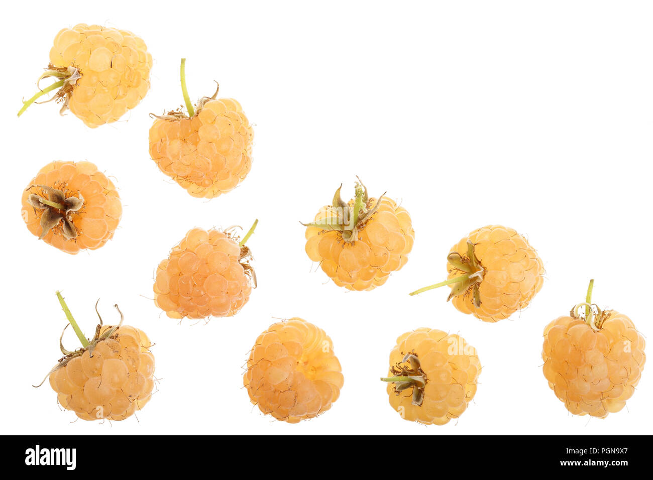Yellow raspberries isolated on white background with copy space for ...
