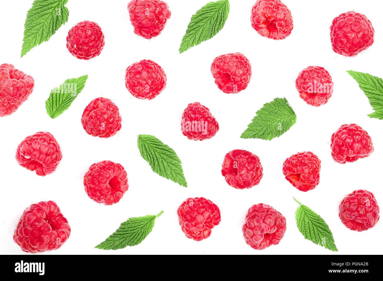 raspberries with leaves isolated on white background. Top view. Flat ...