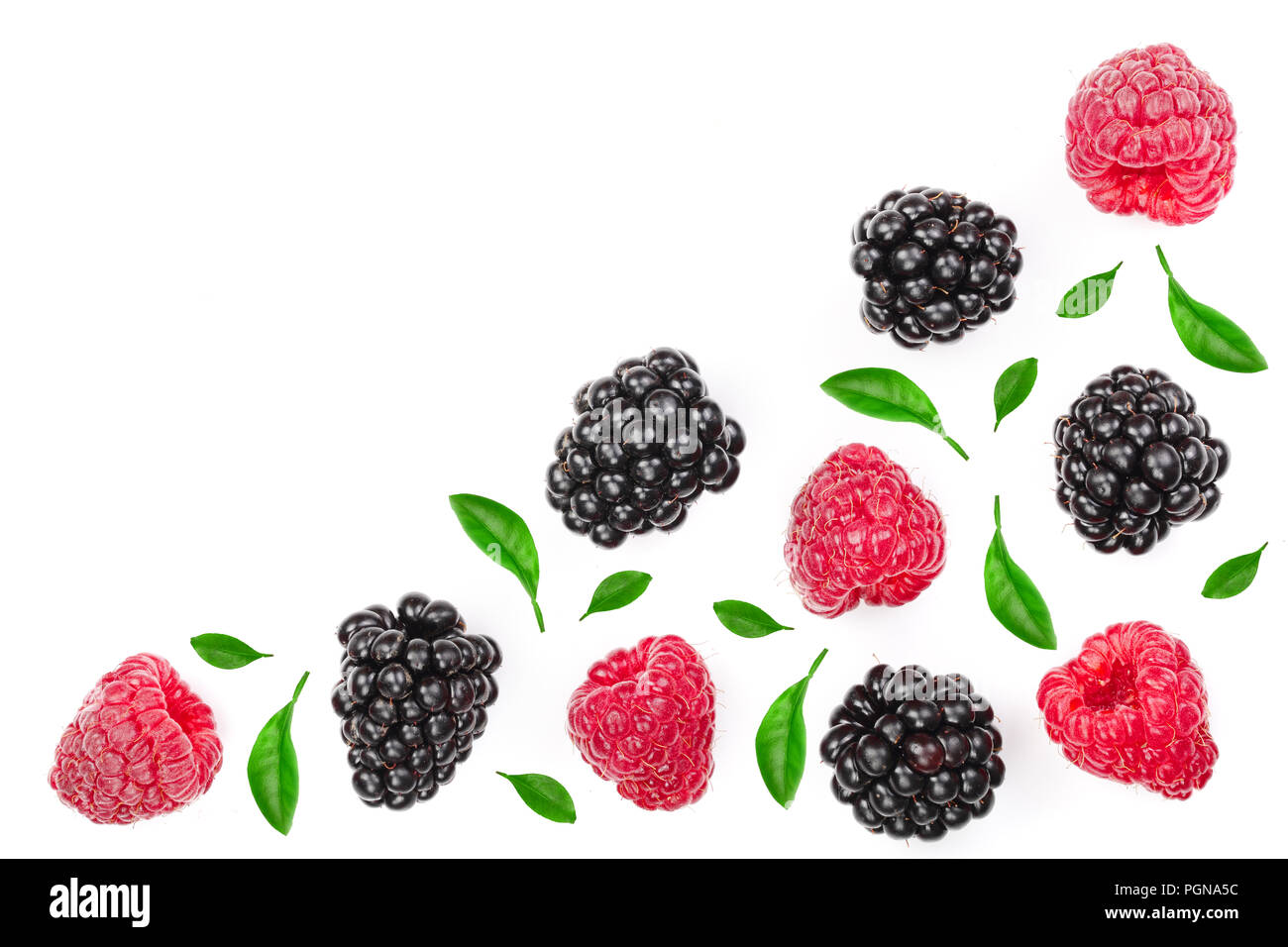 blackberry and raspberry with leaves isolated on white background with ...