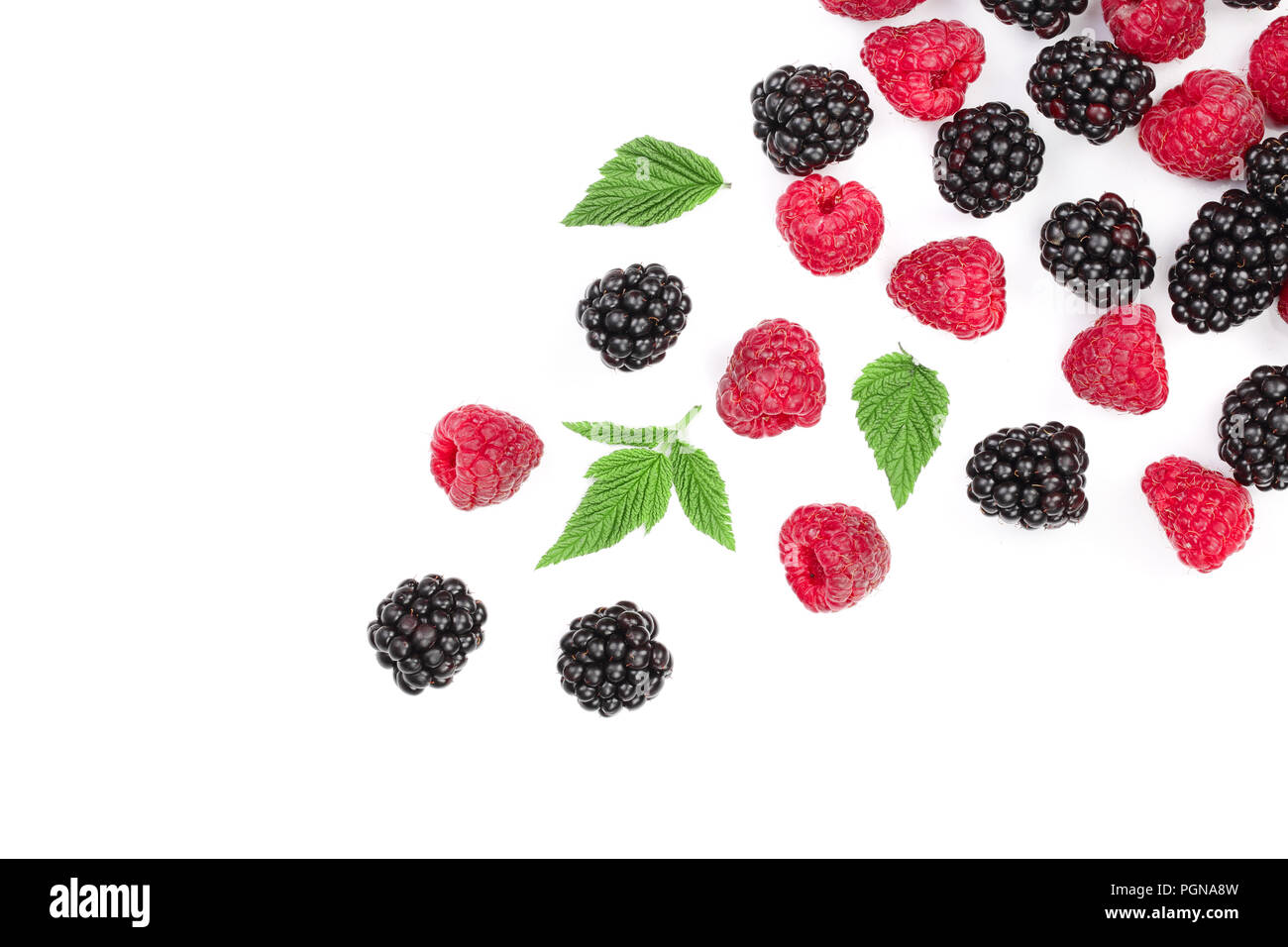 blackberry and raspberry with leaves isolated on white background with ...