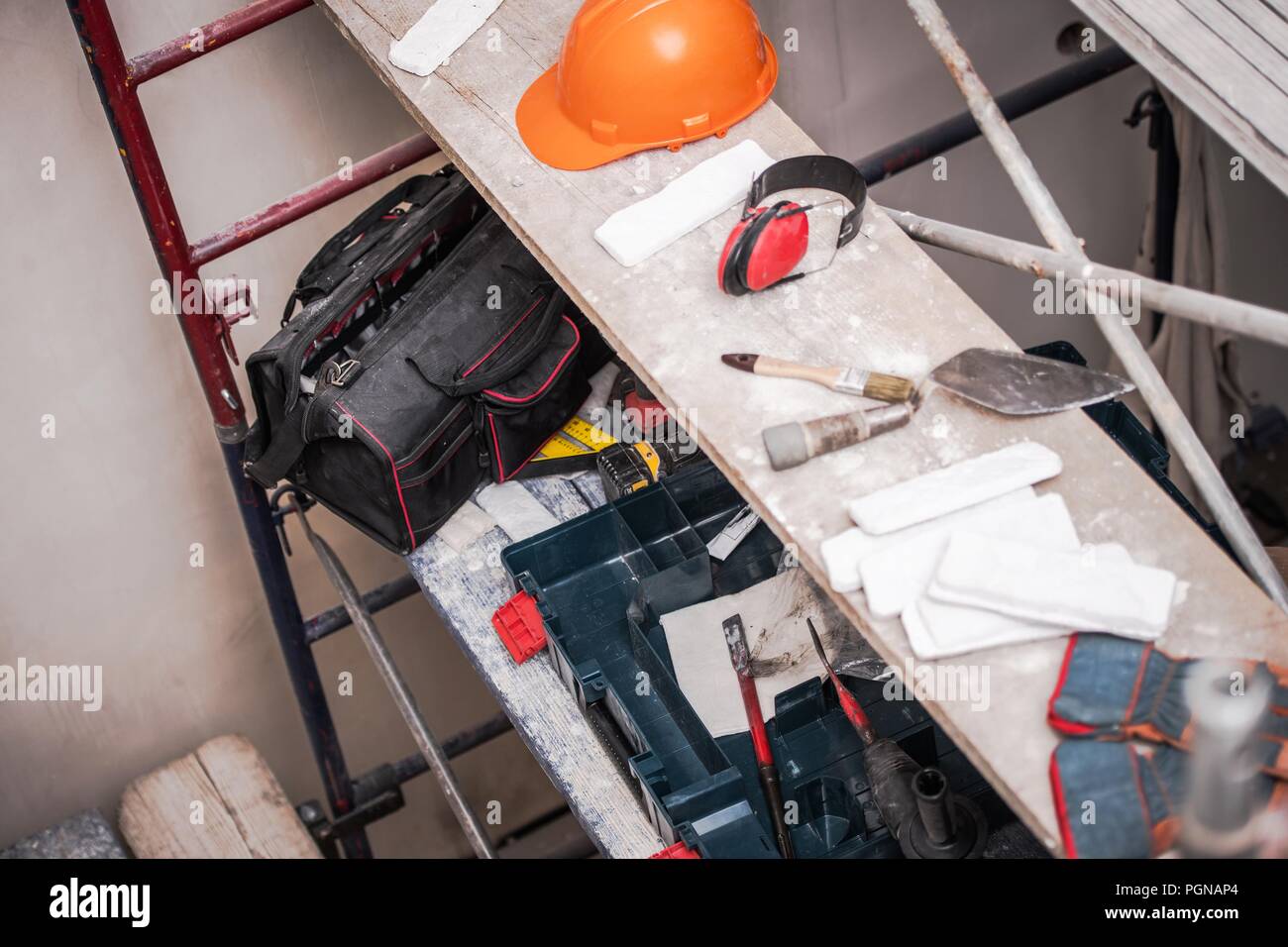 Construction Equipment Mess on the Scaffolding. Interior Remodeling ...