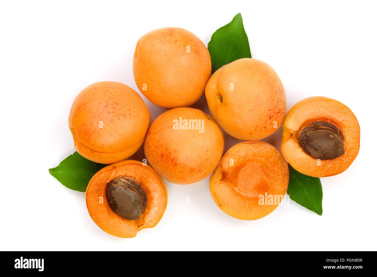 Apricot fruits with leaves isolated on white background. Top view. Flat ...