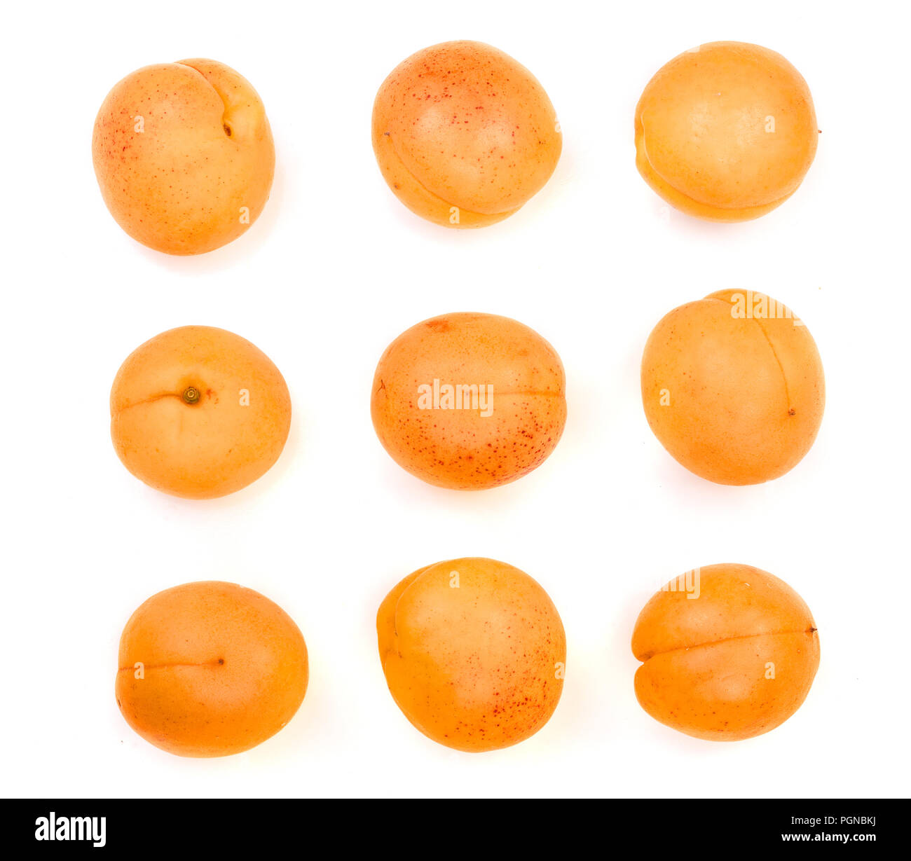 Apricot fruits isolated on white background. Top view. Flat lay pattern ...