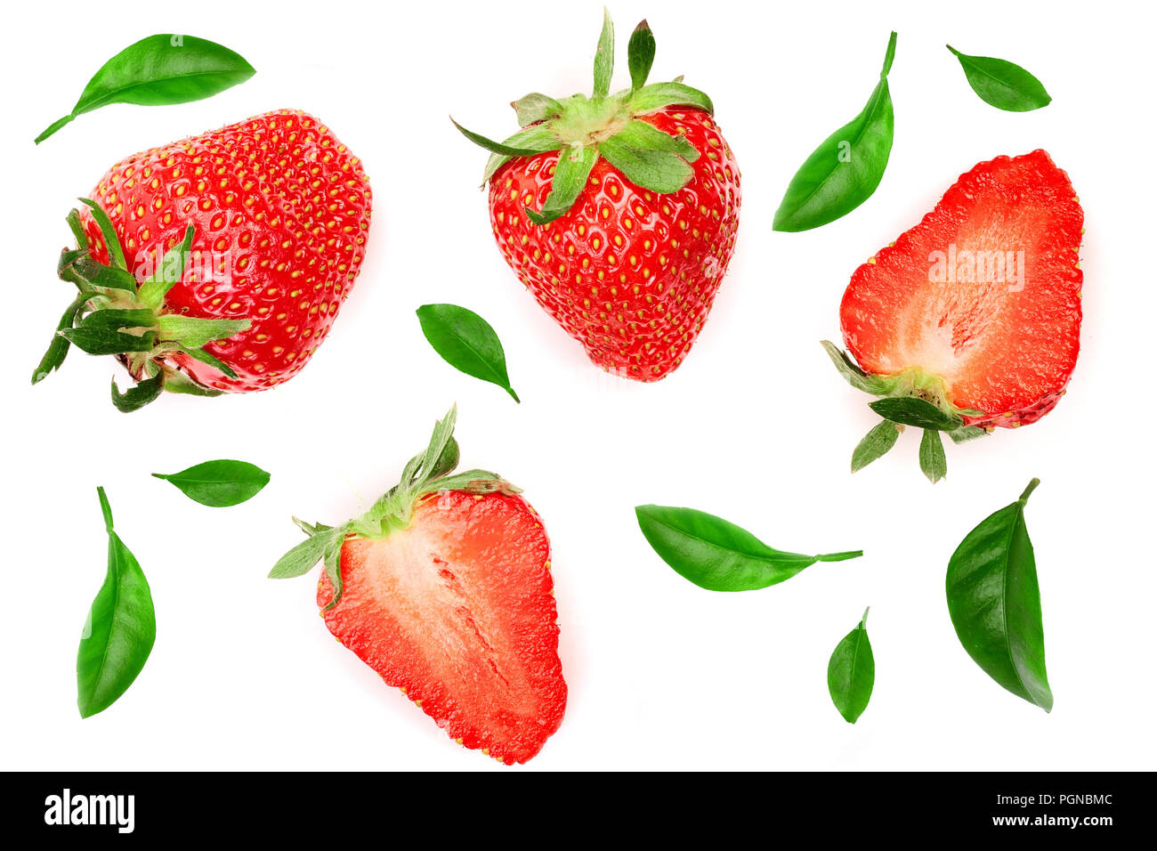 Strawberries decorated with green leaves isolated on white background ...