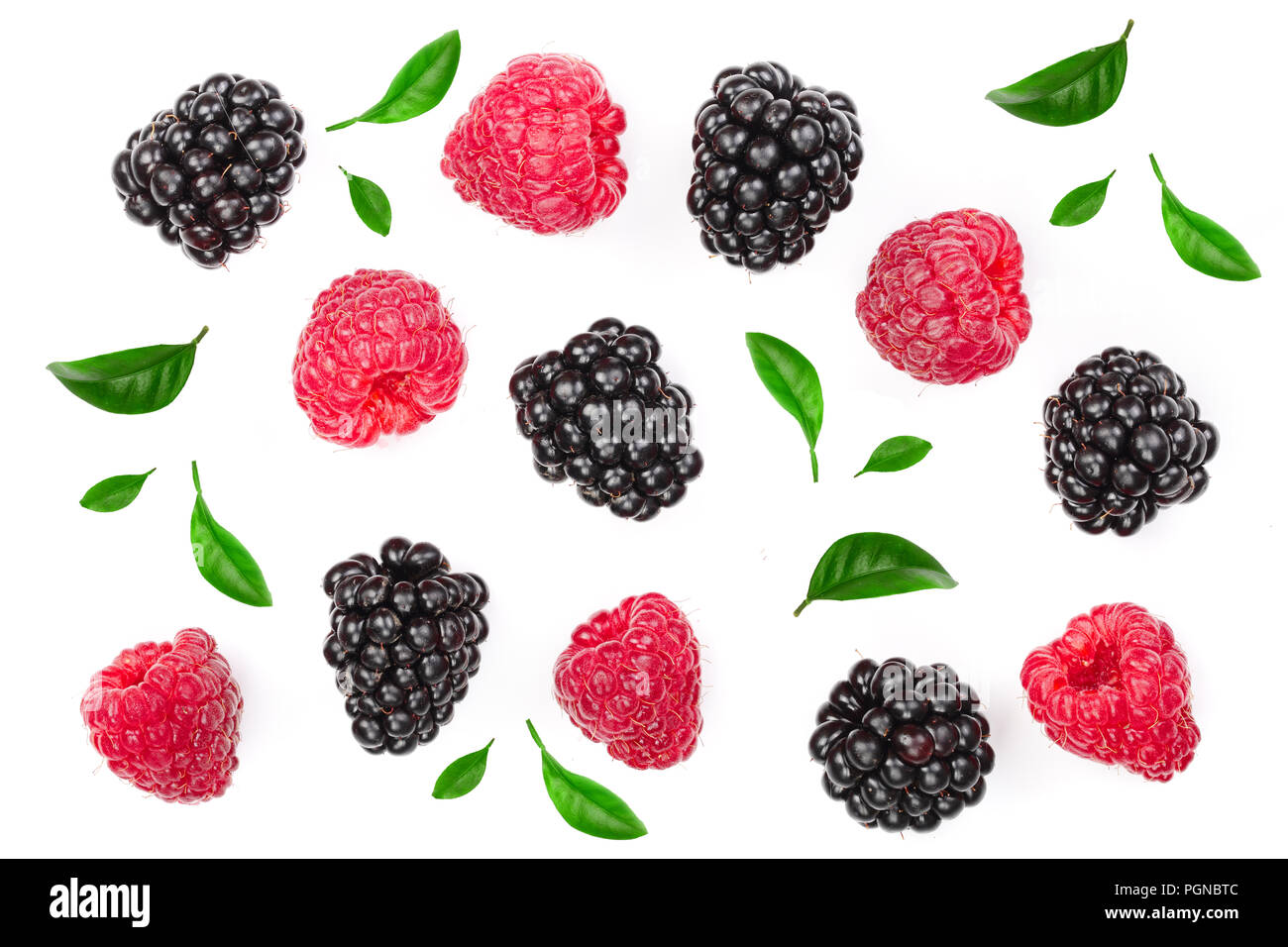 blackberry and raspberry with leaves isolated on white background. Top ...