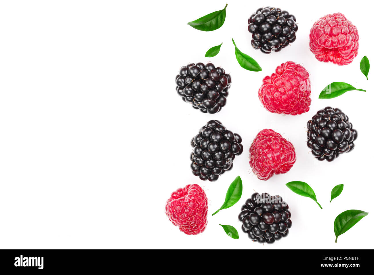 blackberry and raspberry with leaves isolated on white background with ...